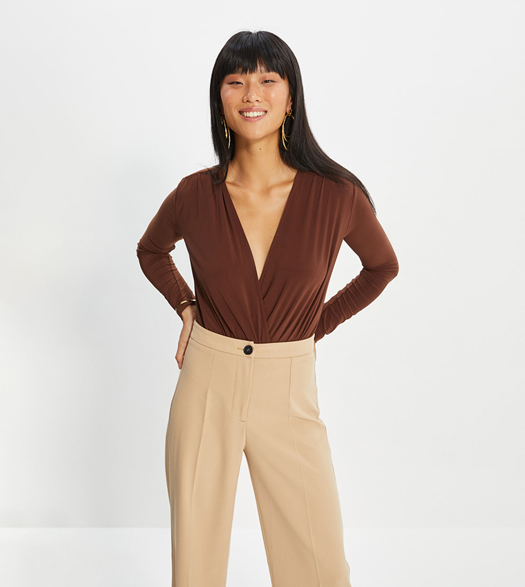 Buy Trendyol Double Breasted Collar Knitted Body In Brown | 6thStreet UAE