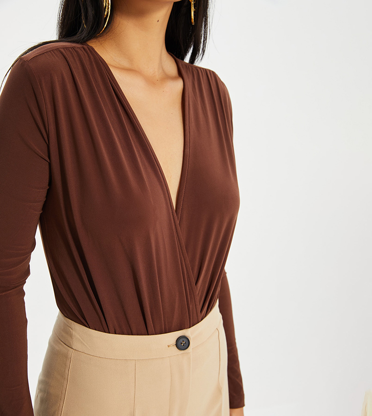 Buy Trendyol Double Breasted Collar Knitted Body In Brown | 6thStreet UAE