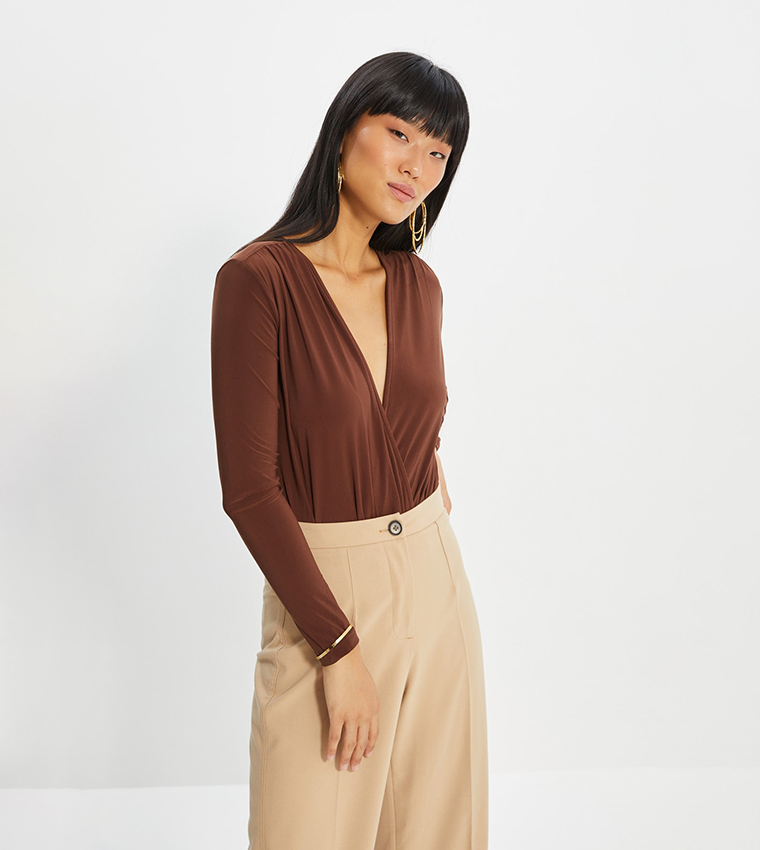 Buy Trendyol Double Breasted Collar Knitted Body In Brown | 6thStreet UAE
