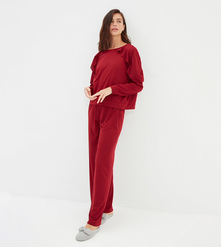 Buy Trendyol Ruffle Detailed Knitted Pajamas Set In Red 6thstreet Saudi Arabia