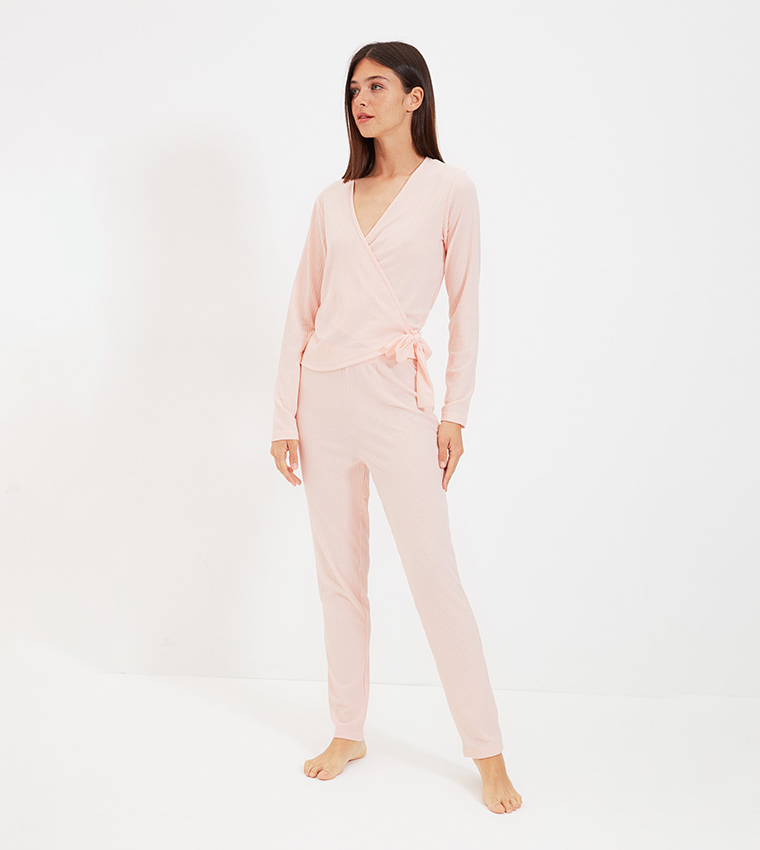 Buy Trendyol Tie Up Wrap Night Suit In Pink | 6thStreet UAE