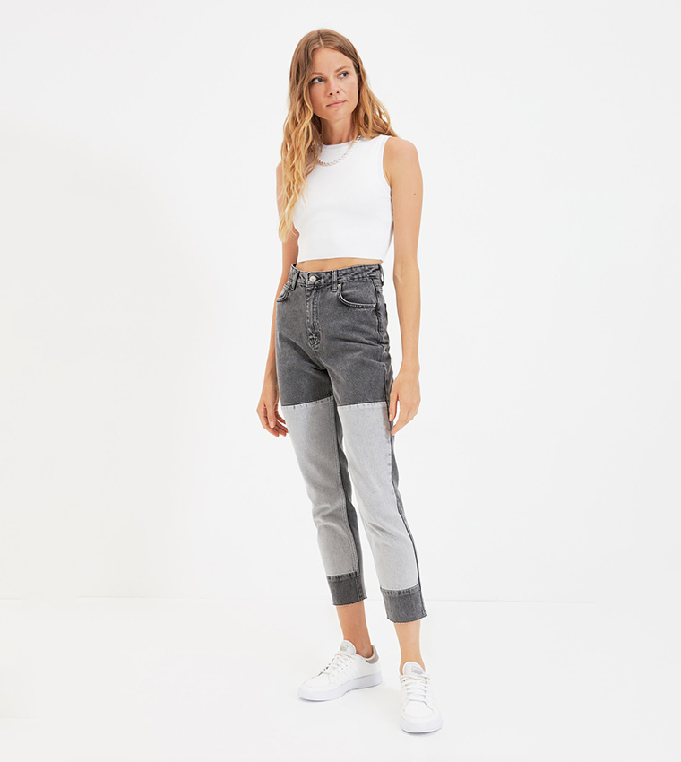 Buy Trendyol Colorblocked High Rise Mom Jeans In Grey | 6thStreet Oman