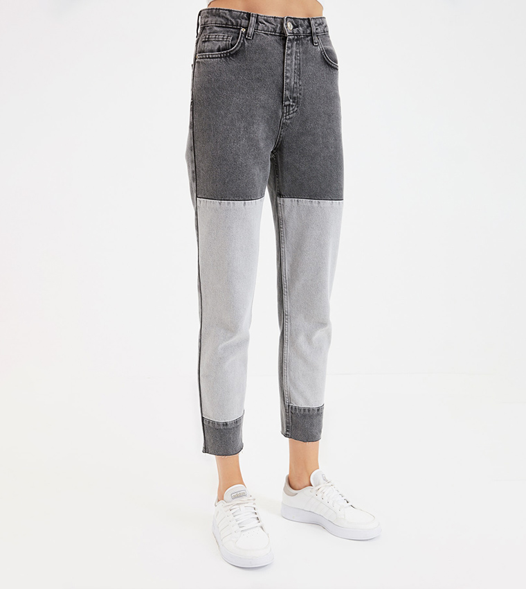 Buy Trendyol Colorblocked High Rise Mom Jeans In Grey | 6thStreet Qatar