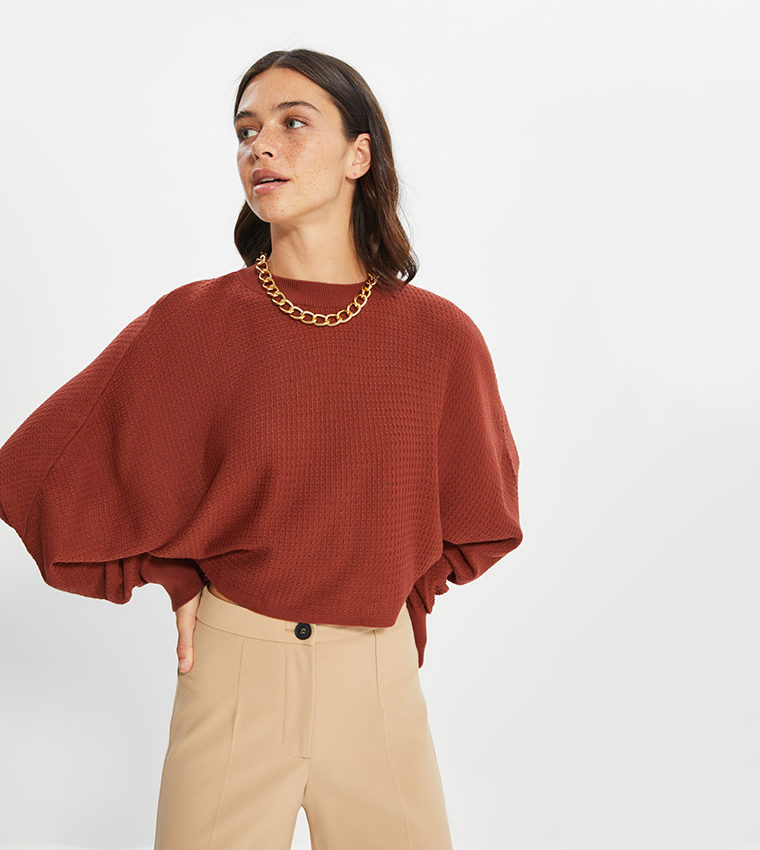 Buy Trendyol Tile Bat Sleeve Crop Knitwear Sweater In Orange ...