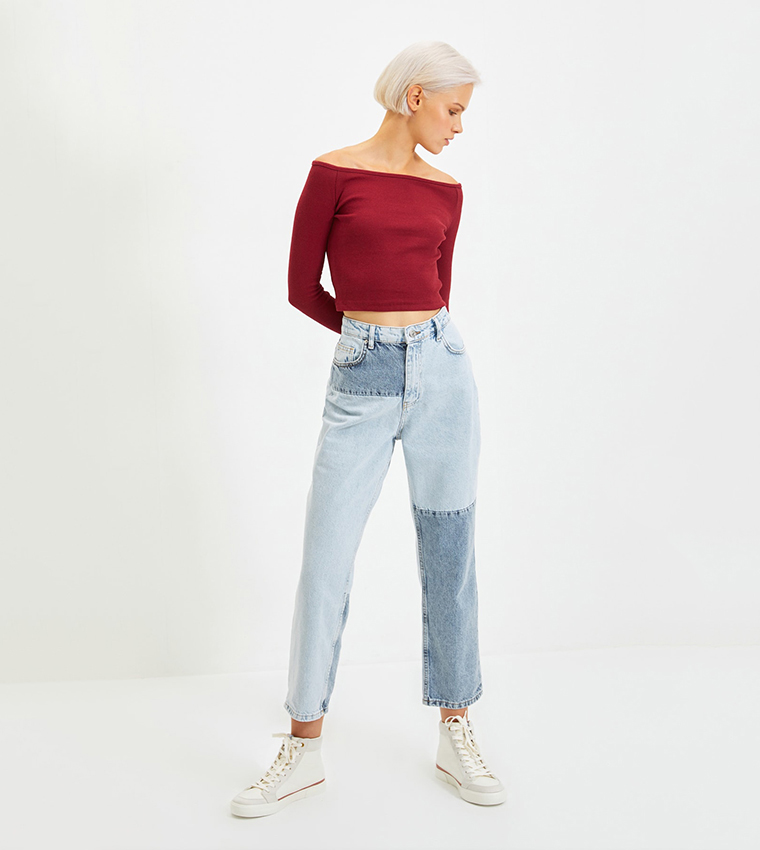 Buy Trendyol High Waist Colorblocked Mom Jeans In Light Blue ...