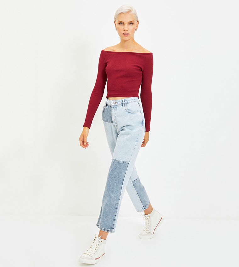 Buy Trendyol High Waist Colorblocked Mom Jeans In Light Blue ...