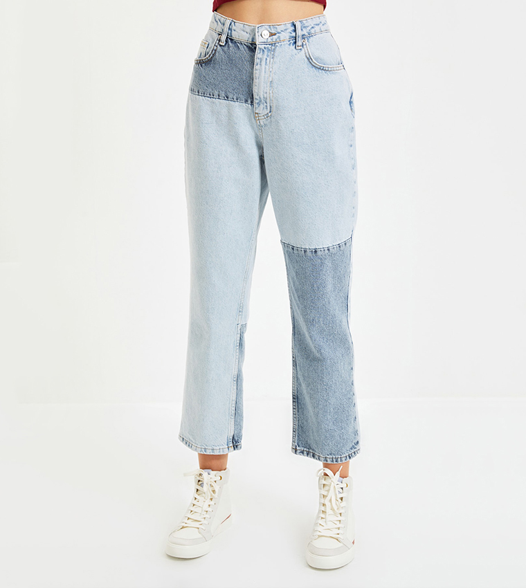 Buy Trendyol High Waist Colorblocked Mom Jeans In Light Blue ...