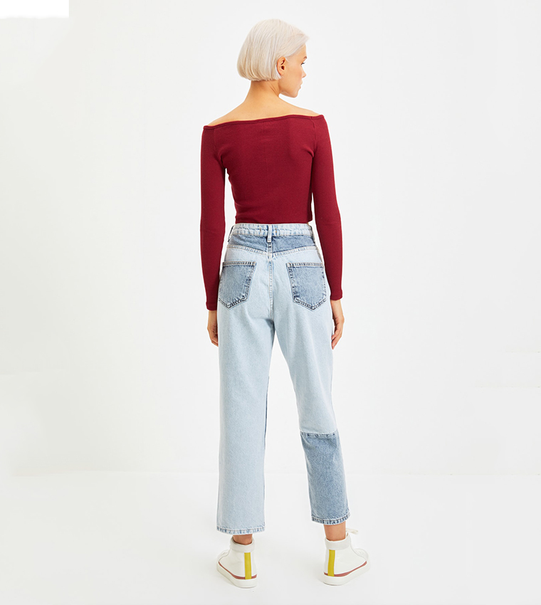 Buy Trendyol High Waist Colorblocked Mom Jeans In Light Blue ...