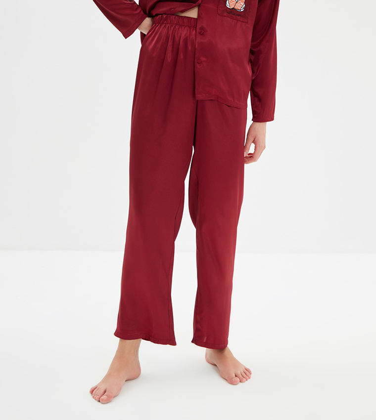Buy Trendyol Embroidery Satin Woven Pajamas Set In Maroon | 6thStreet ...