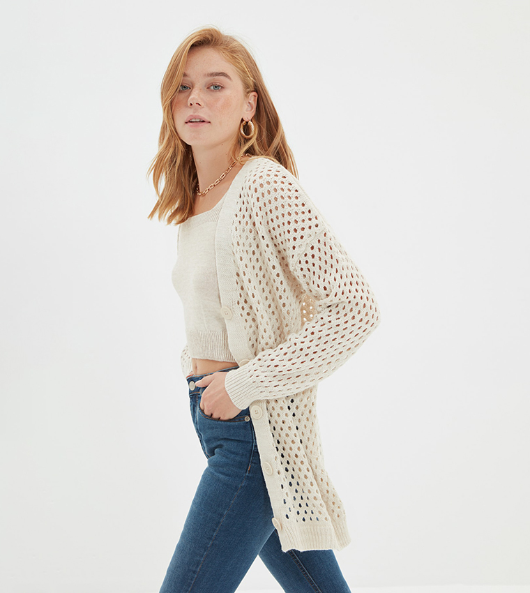 Buy Trendyol Solid Eyelet Knit Cardigan In Beige | 6thStreet UAE