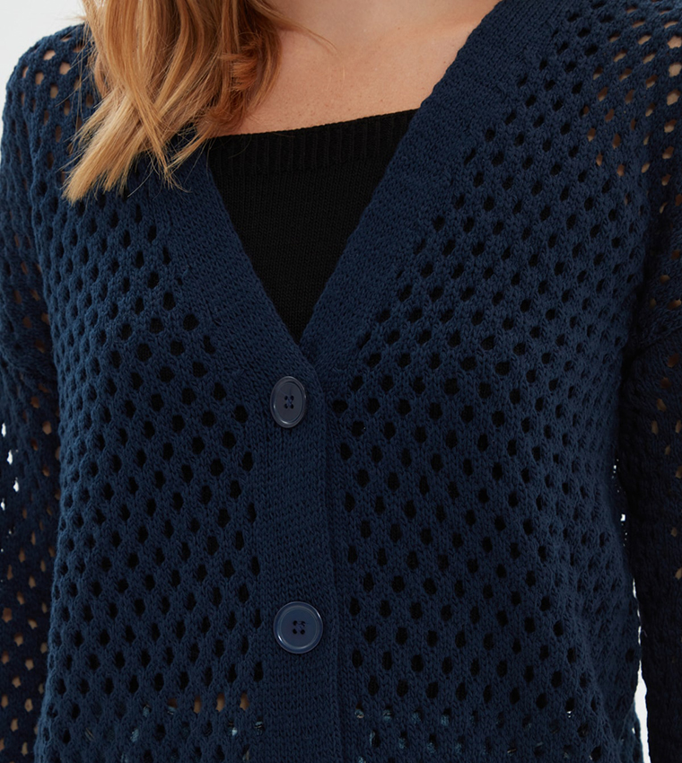Buy Trendyol Solid Eyelet Knit Cardigan In Blue | 6thStreet UAE