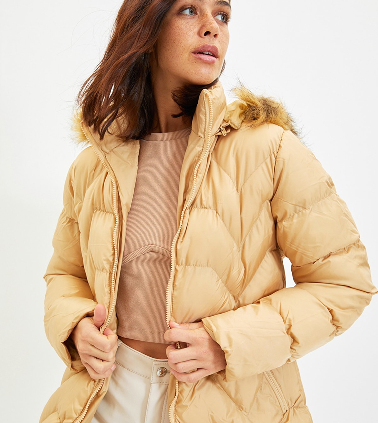 Buy Trendyol Fur Hooded Inflatable Coat In Gold | 6thStreet UAE