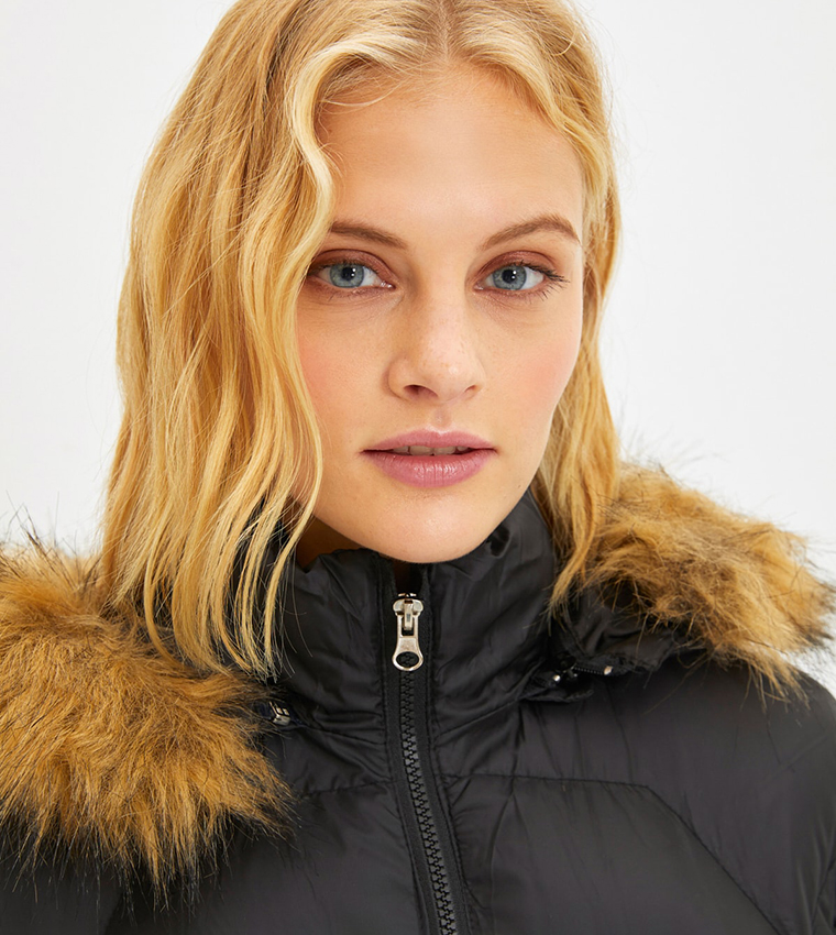 Buy Trendyol Fur Hooded Inflatable Oversize Puffer Jacket In Black ...