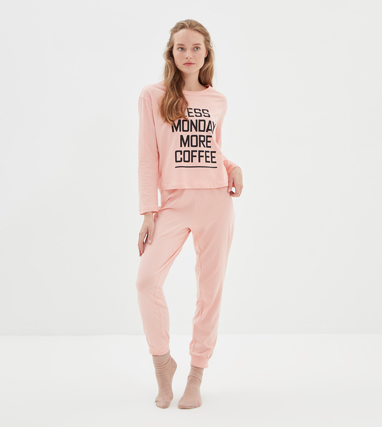 Buy Trendyol Slogan Printed Pajamas Set In Pink | 6thStreet UAE