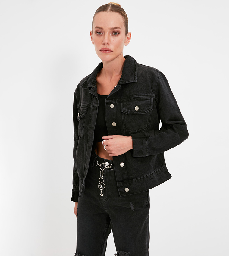Buy Trendyol Quilted Detailed Denim Jacket In Grey | 6thStreet Qatar