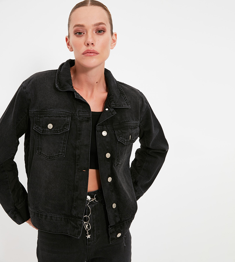 Buy Trendyol Quilted Detailed Denim Jacket In Grey | 6thStreet Qatar