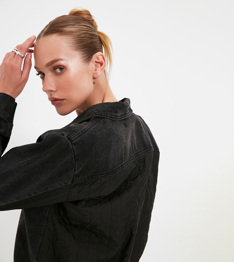 Buy Trendyol Quilted Detailed Denim Jacket In Grey | 6thStreet Qatar
