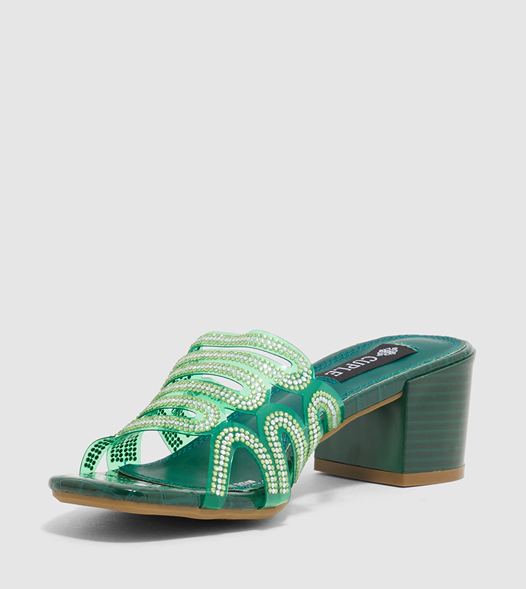 Buy Cuple Stone Embellished Heel Sandals In Green | 6thStreet UAE