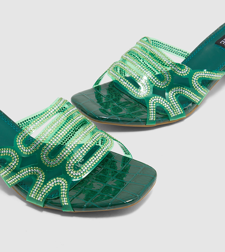Buy Cuple Stone Embellished Heel Sandals In Green | 6thStreet UAE