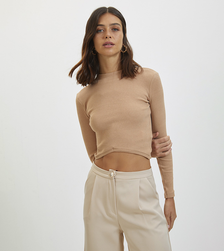 Buy Trendyol Mock Neck Crop Top In Brown | 6thStreet Bahrain