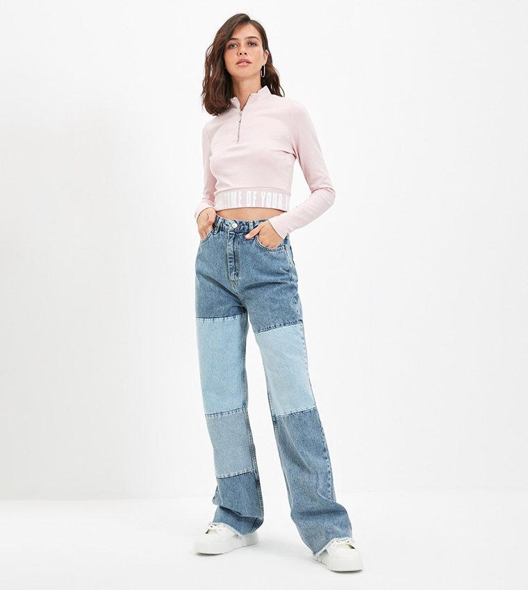 Buy Trendyol High Waist Colorblocked Wide Leg Jeans In Blue | 6thStreet UAE