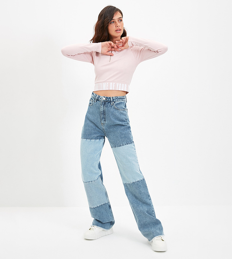 Buy Trendyol High Waist Colorblocked Wide Leg Jeans In Blue | 6thStreet ...