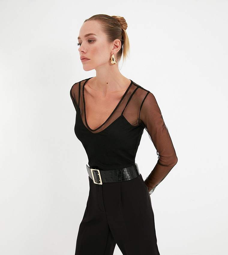 Buy Trendyol Knitted Ramp Body Suit In Black | 6thStreet Oman