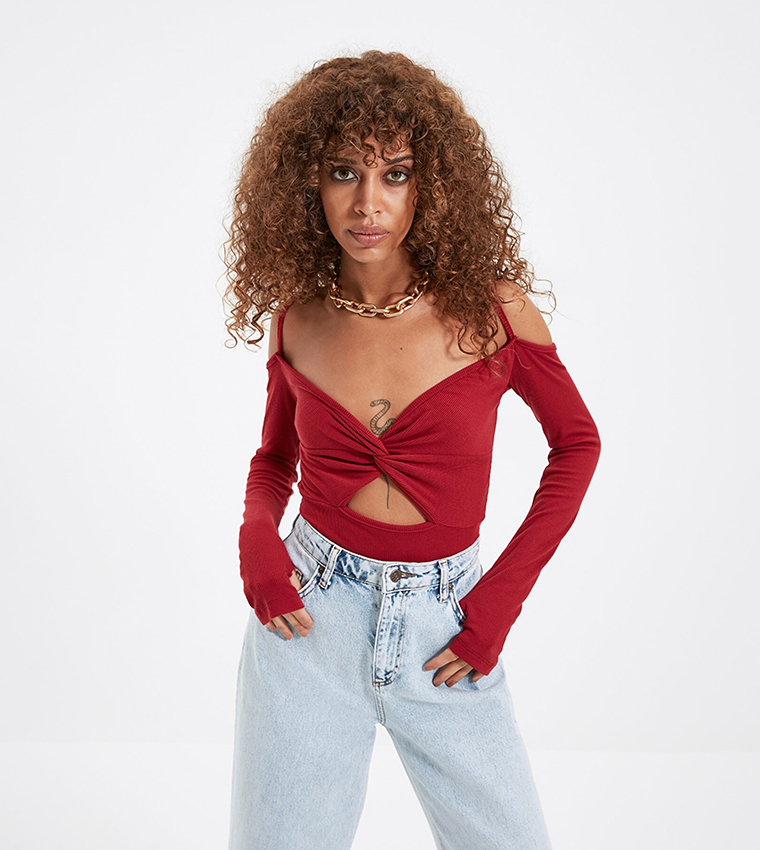 Buy Trendyol Knitted Ramp Body Suit In Red | 6thStreet Qatar