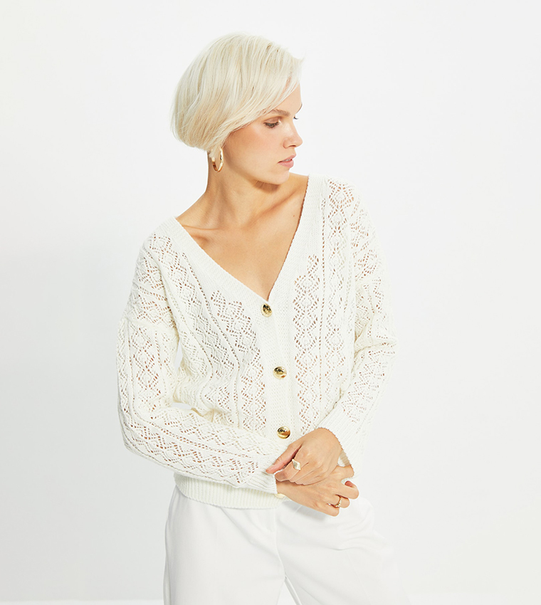 Buy Trendyol Lace Eyelet Knit Cardigan In White | 6thStreet Kuwait