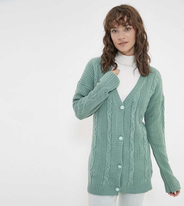 Buy Trendyol Solid Regular Fit Cardigan In Green | 6thStreet Saudi Arabia