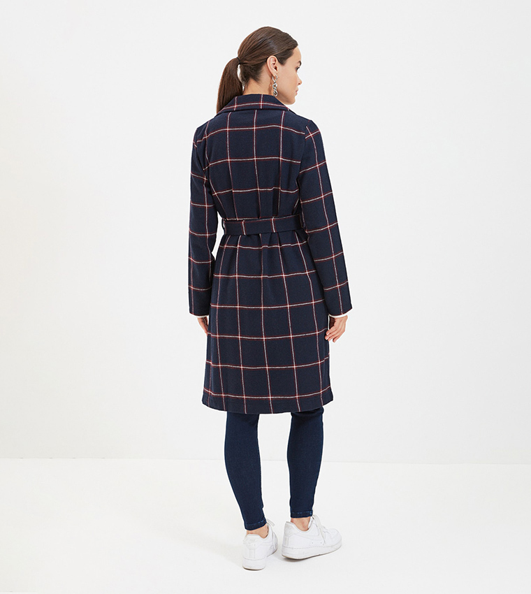 Buy Trendyol Bold Check Belted Coat In Blue | 6thStreet Qatar