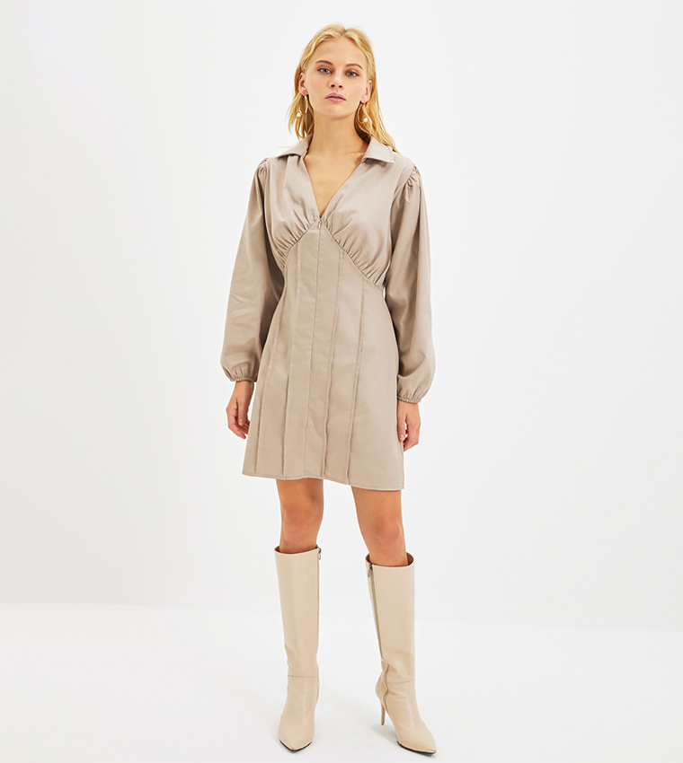Buy Trendyol Pin Tuck Mini Dress In Beige | 6thStreet Bahrain