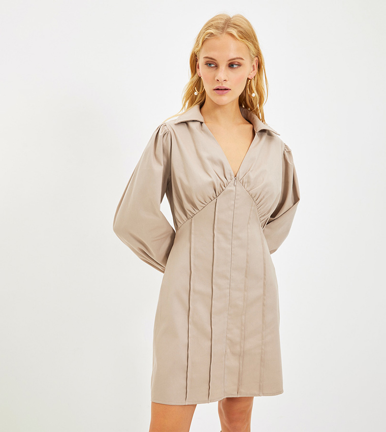 Buy Trendyol Pin Tuck Mini Dress In Beige | 6thStreet Bahrain