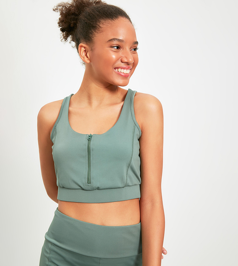 Buy Trendyol Solid Zippered Sports Bra In Khaki | 6thStreet Qatar
