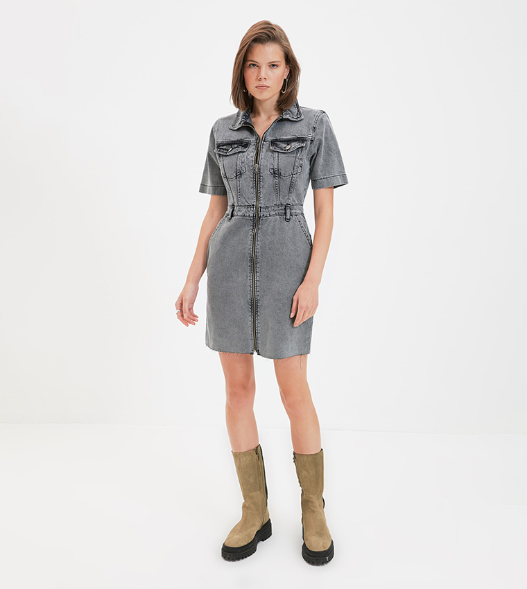 Buy Trendyol Acid Washed Denim Dress In Black | 6thStreet Bahrain