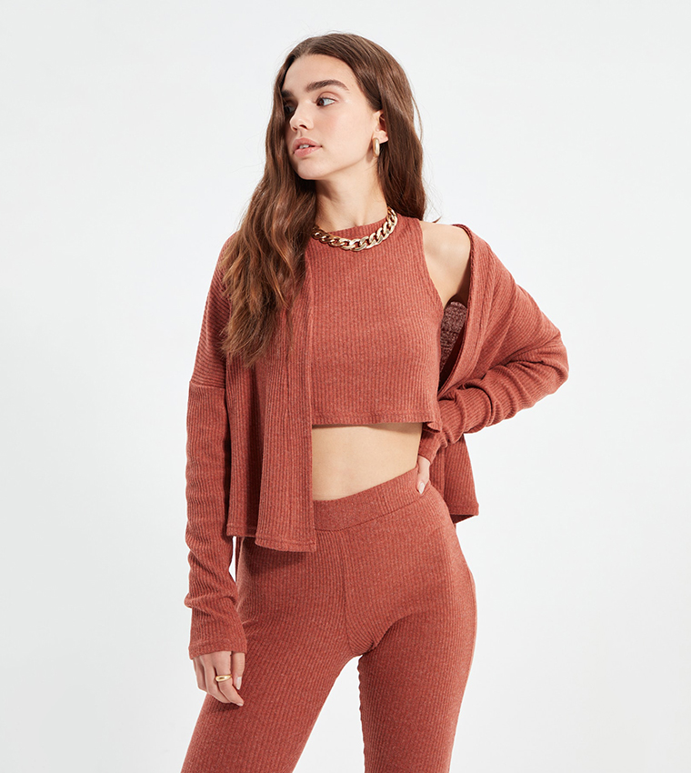 Buy Trendyol Tile Belted And Knitted Look Knitted Cardigan In Red ...