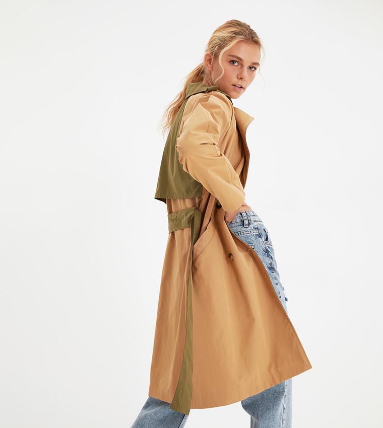 Buy Trendyol Oversized Colorblocked Trench Coat In Beige | 6thStreet UAE