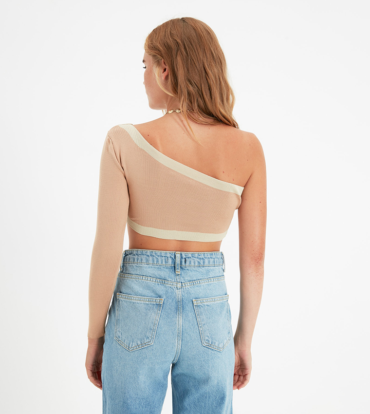 Buy Trendyol Solid Ribbed Crop Top In Beige | 6thStreet UAE