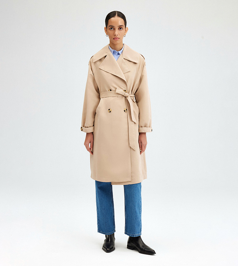 Buy Touché Double Breasted Lapel Collar Trench Coat In Beige ...