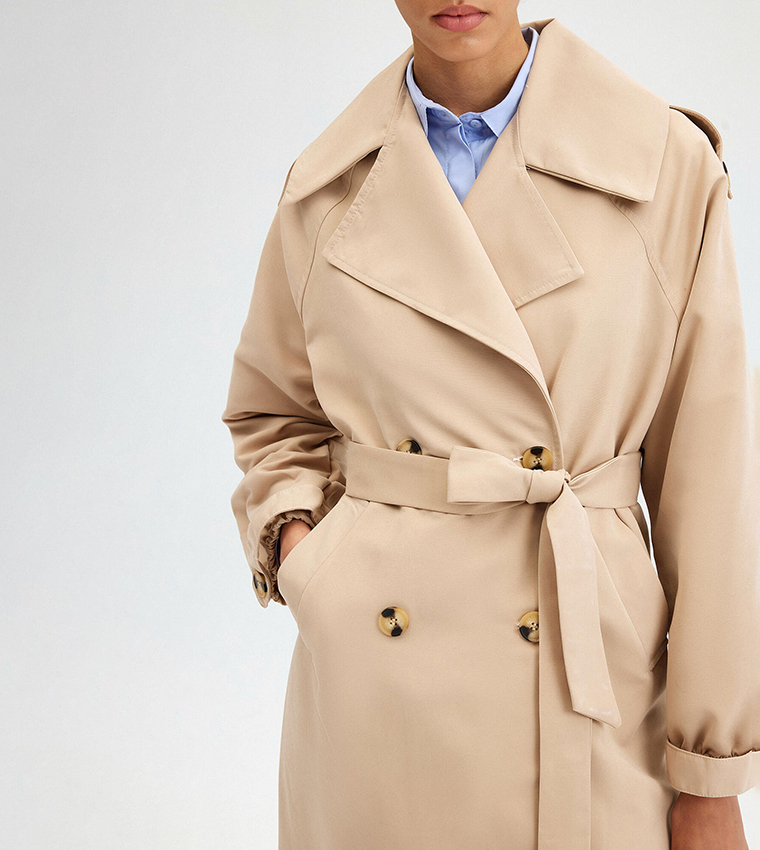 Buy Touché Double Breasted Lapel Collar Trench Coat In Beige ...
