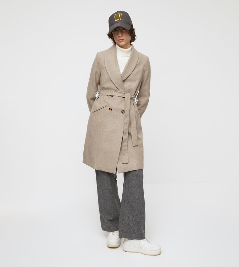Buy Trendyol Belted Cachet Coat In Beige | 6thStreet Kuwait