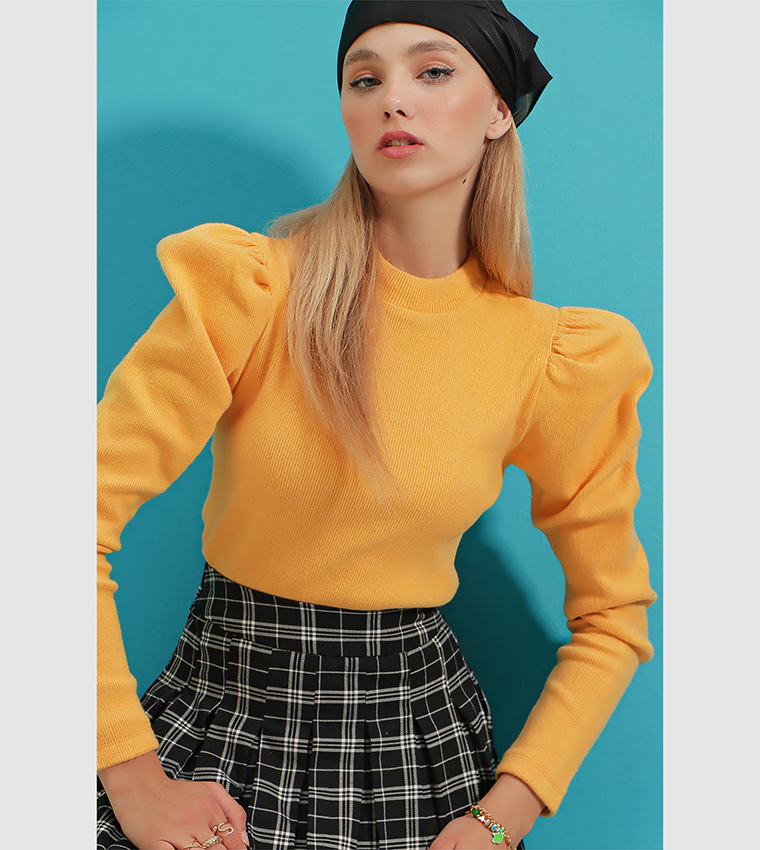 Buy Trend Alaçatı Stili Ribbed Princess Sleeves Mock Neck Top In ...