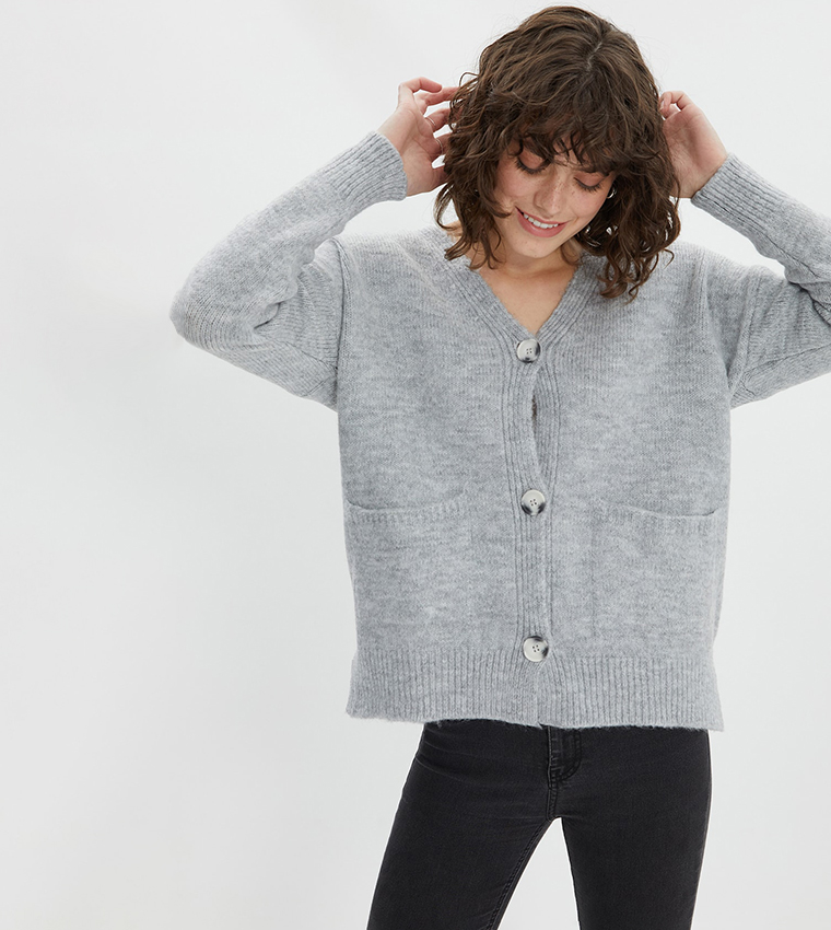 Buy Trendyol Solid Ribbed Cardigan In Grey | 6thStreet Oman