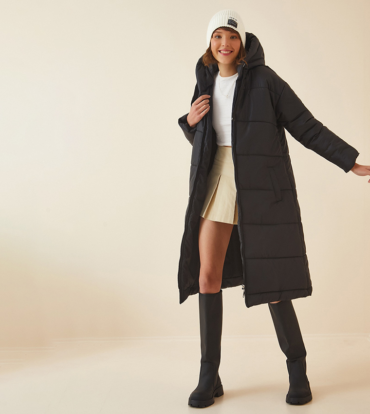 Buy Happiness İstanbul Hooded Longline Puffer Jacket In Black ...