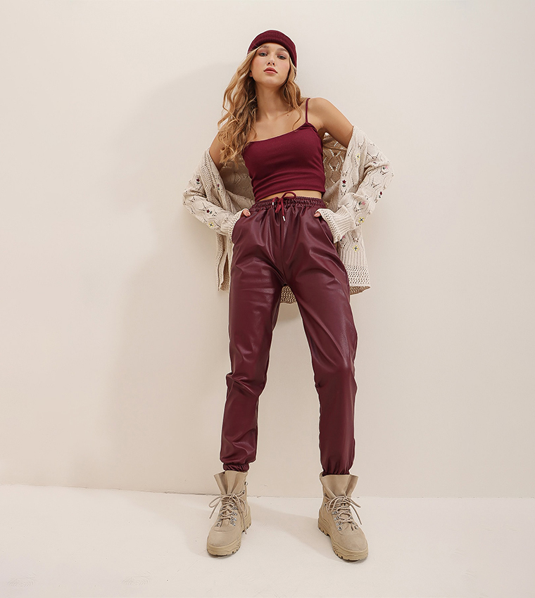 Buy Trend Alaçatı Stili Drawstring Waist Faux Leather Pants In Burgundy ...