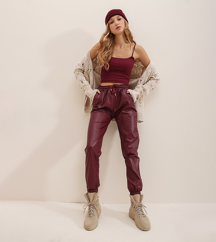 Buy Trend Alaçatı Stili Drawstring Waist Faux Leather Pants In Burgundy ...