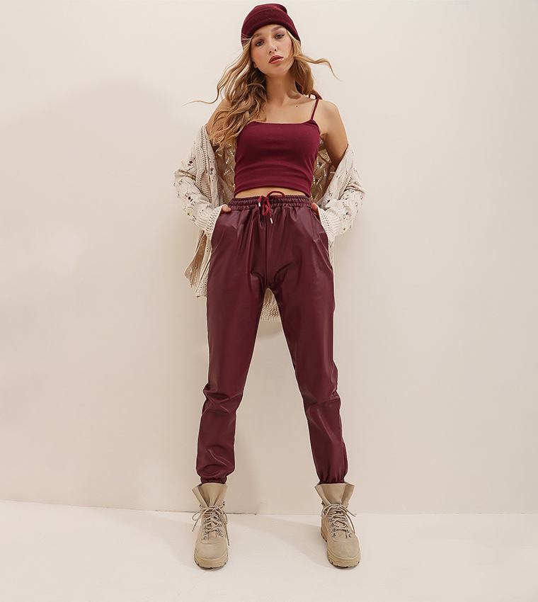 Buy Trend Alaçatı Stili Drawstring Waist Faux Leather Pants In Burgundy ...
