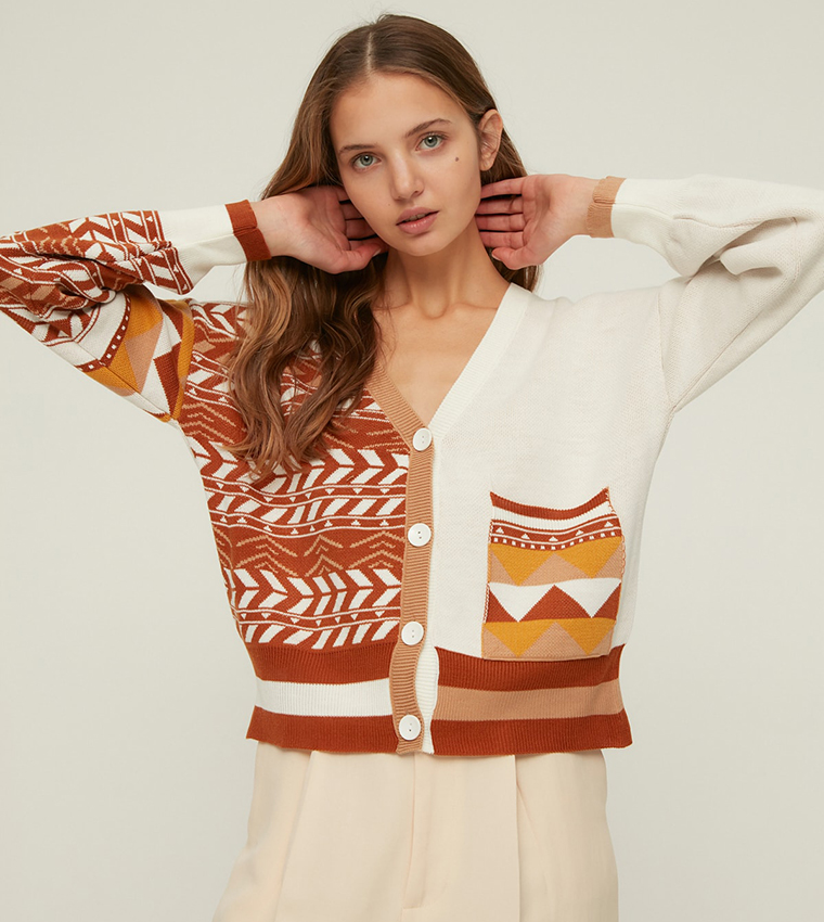 Buy Trendyol Oversize Jacquard Knit Cardigan In Brown | 6thStreet Oman