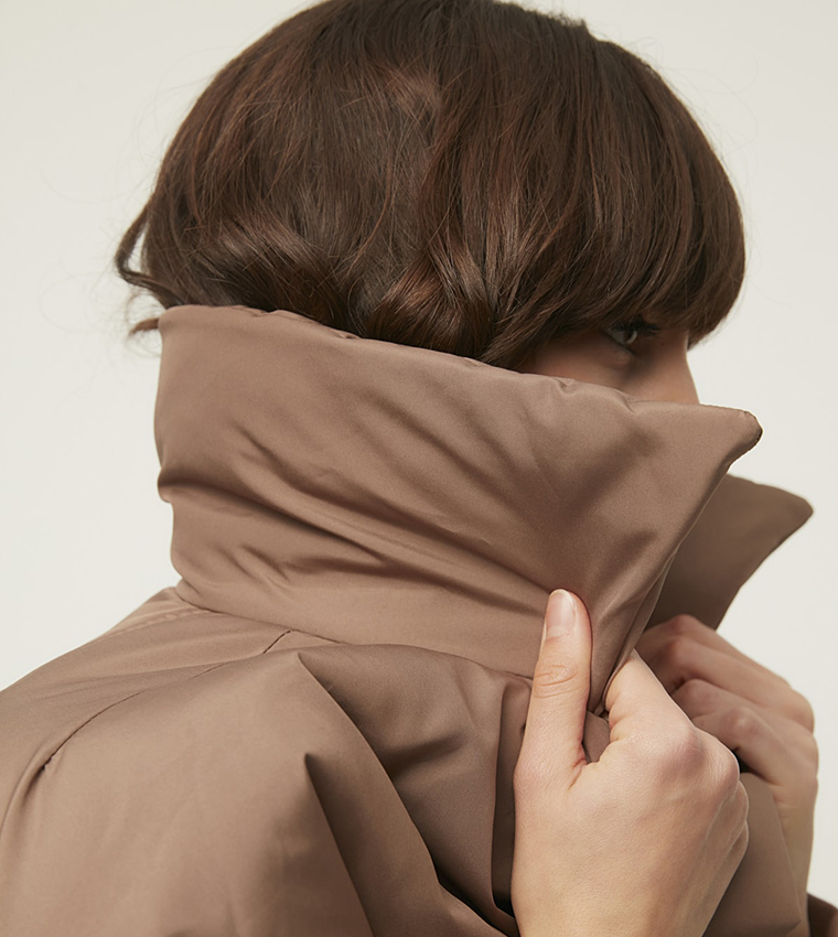 Buy Trendyol Oversize Quilted Coat With Waisted Bag Belt In Beige ...