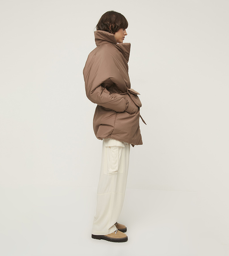 Buy Trendyol Oversize Quilted Coat With Waisted Bag Belt In Beige ...